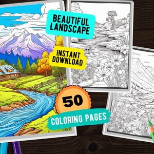 50 Beautiful Landscape Coloring Pages, Instant Download, Nature ...