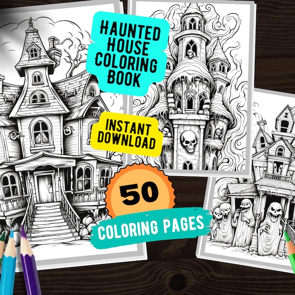 Haunted House Coloring Page - Etsy