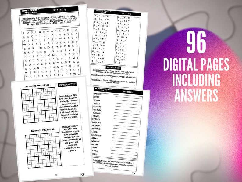 100 Spy Movie Puzzle Vol. 2, Word Search, Word Scramble, Missing Vowel ...