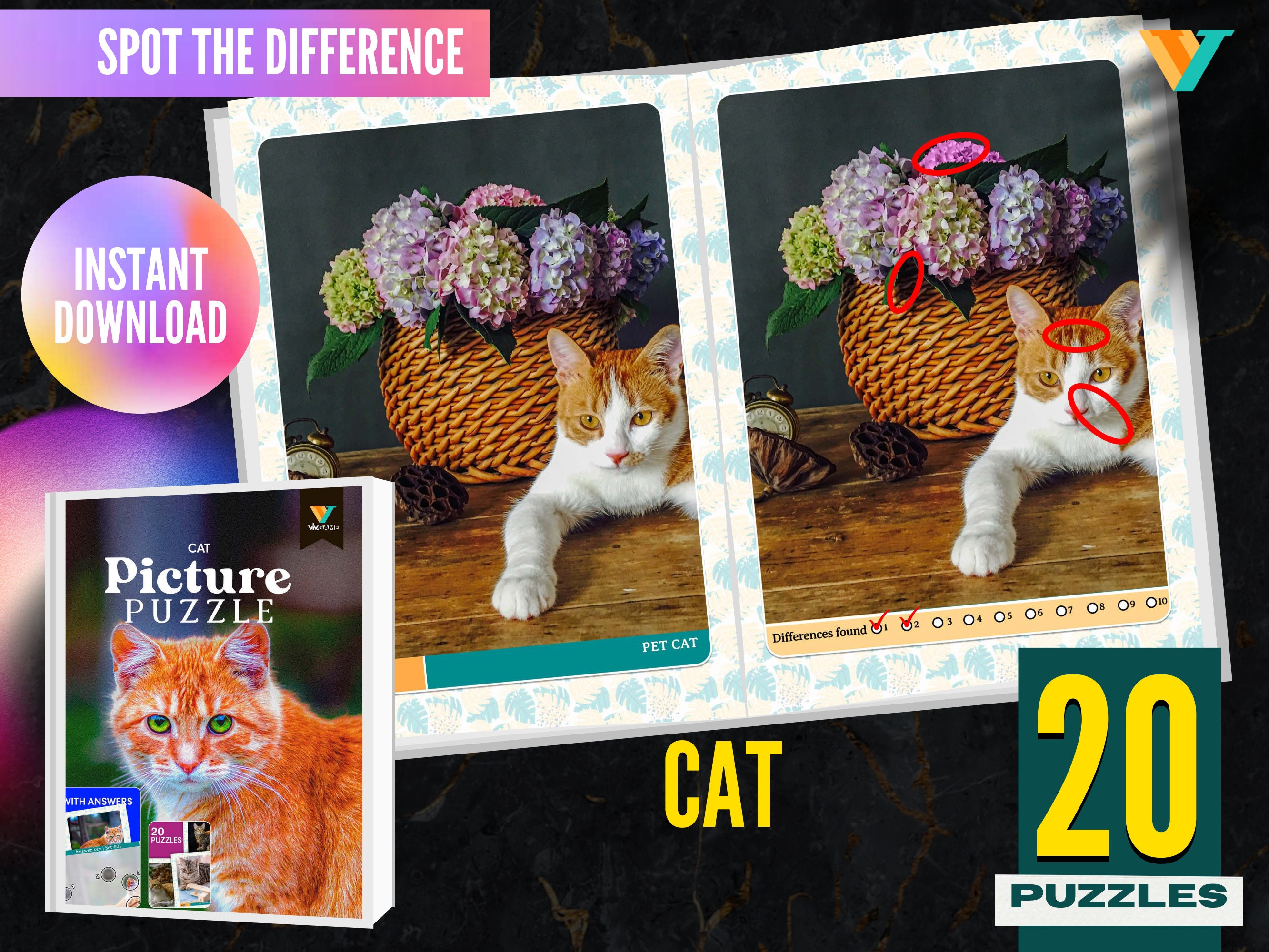 Cute Cat Spot the Difference, Printable Activities, Cat Lover Gift, Pdf ...