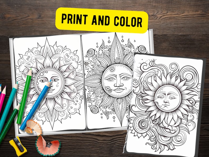 Sun Moon Stars Coloring 50 Pages, Instant Digital Download Printable ...