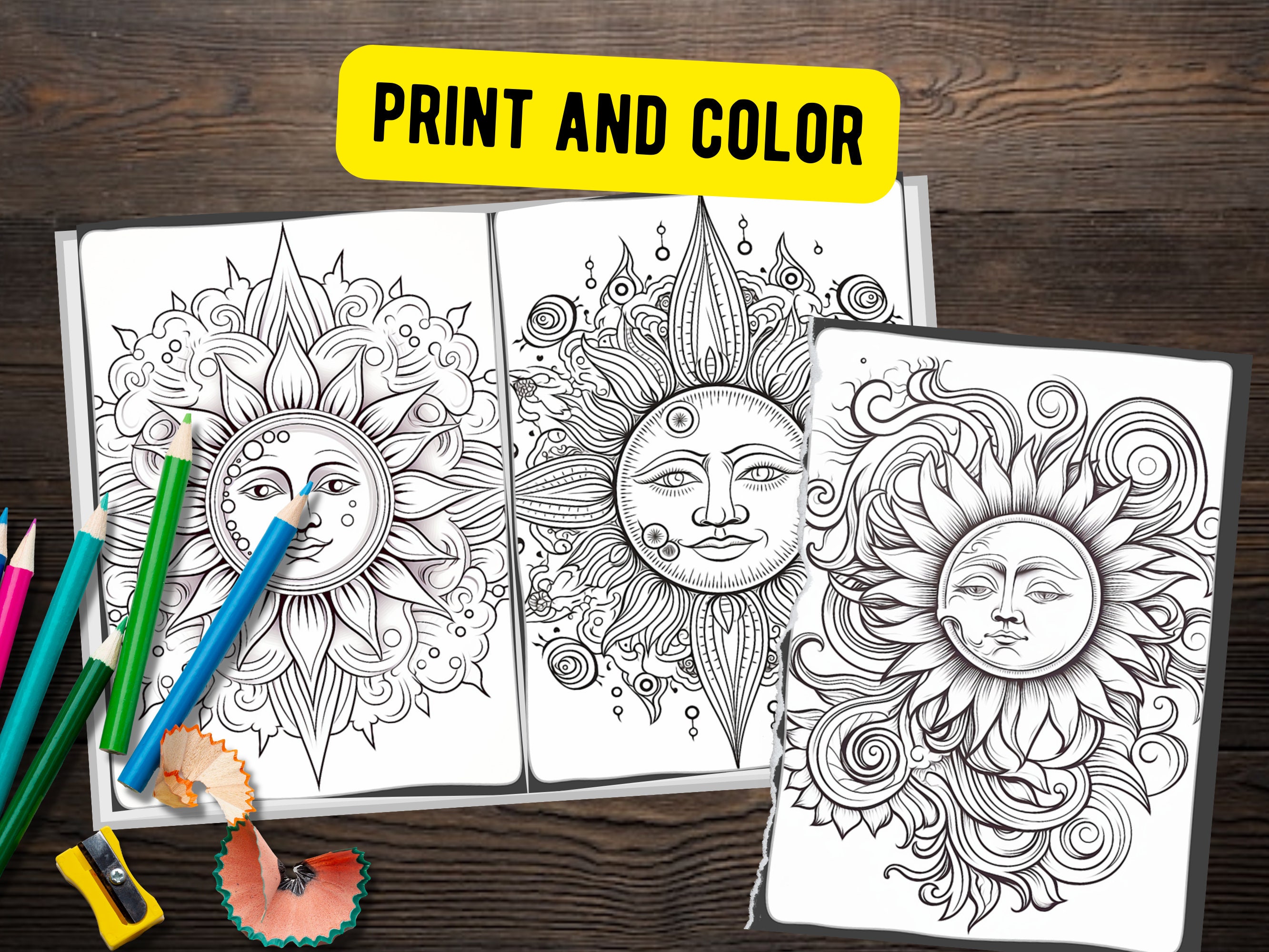 Sun Moon Stars Coloring 50 Pages, Instant Digital Download Printable ...