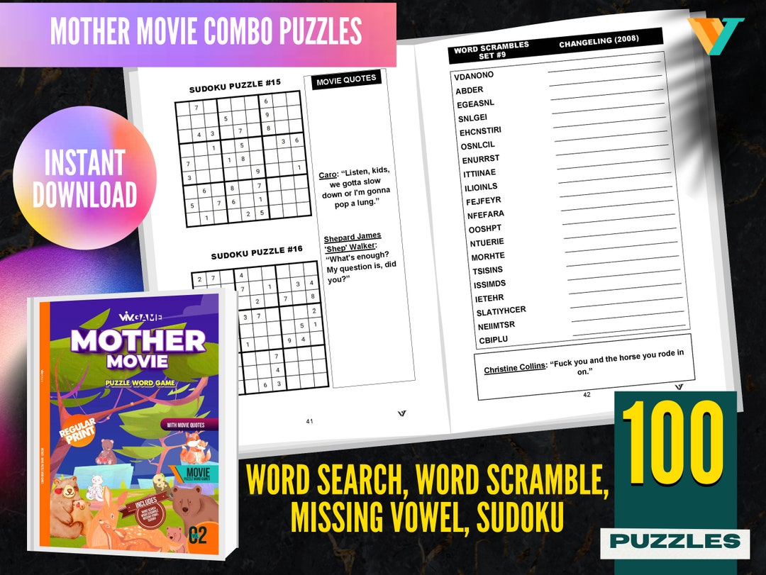 100 Mother Movie Puzzle Vol. 2 Instant Download, Word Search, Word ...