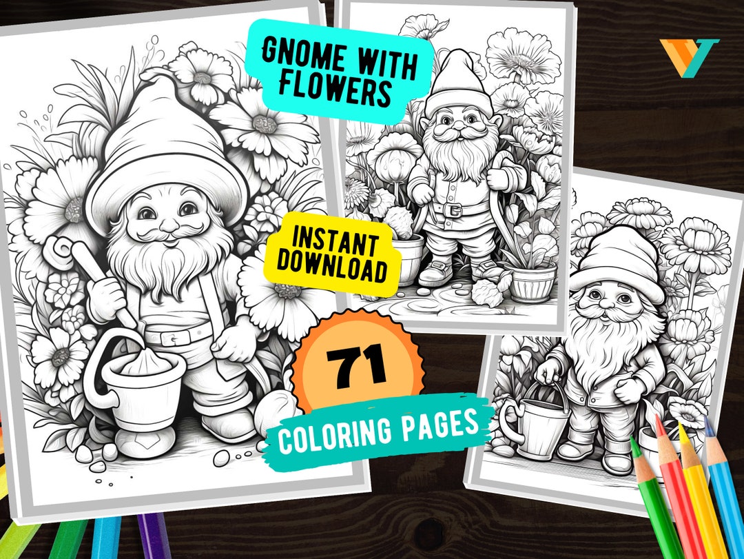 Gnomes Floral Instant Download Printable Digital Coloring for Kids, 71 ...