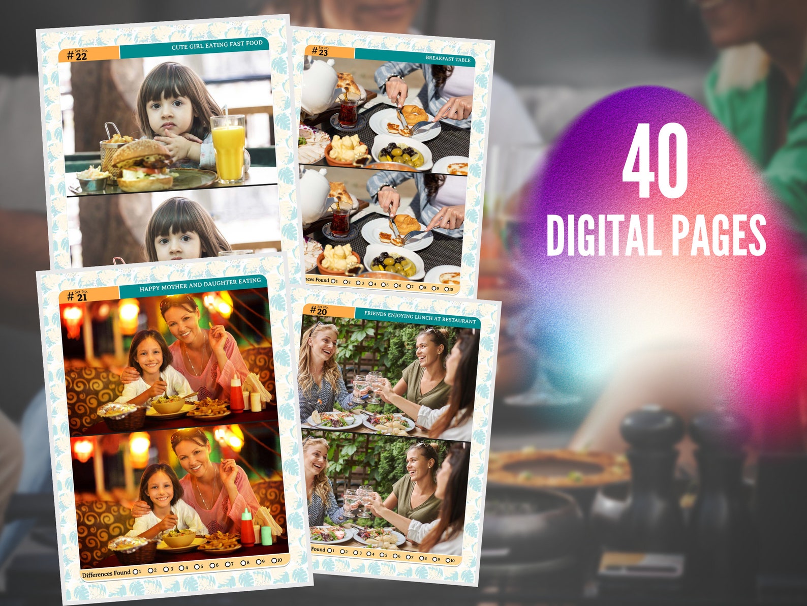 Restaurant Spot the Difference Printable PDF Pages, Cafe Diner Find ...