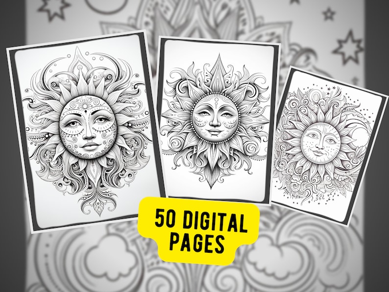 Sun Moon Stars Coloring 50 Pages, Instant Digital Download Printable ...