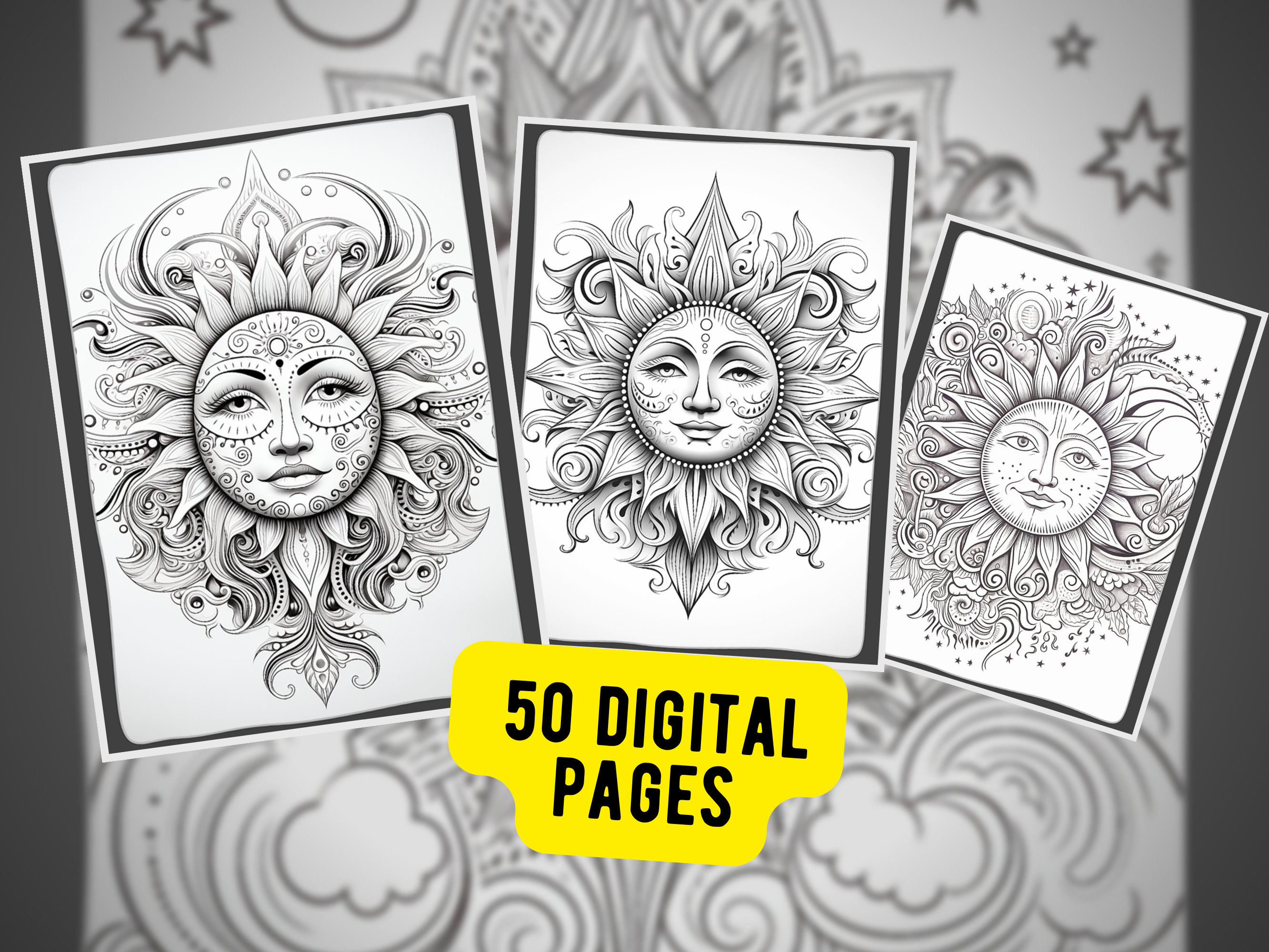 Sun Moon Stars Coloring 50 Pages, Instant Digital Download Printable ...