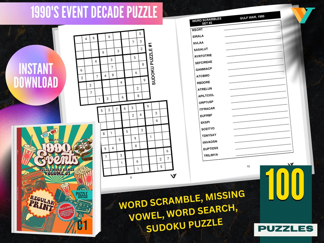 1990's Event Decade Puzzle Word Game V1 100 Pages, Printable PDF ...