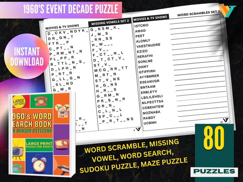 1960's Event Decade 80 Puzzles for Senior Citizen, Printable PDF ...