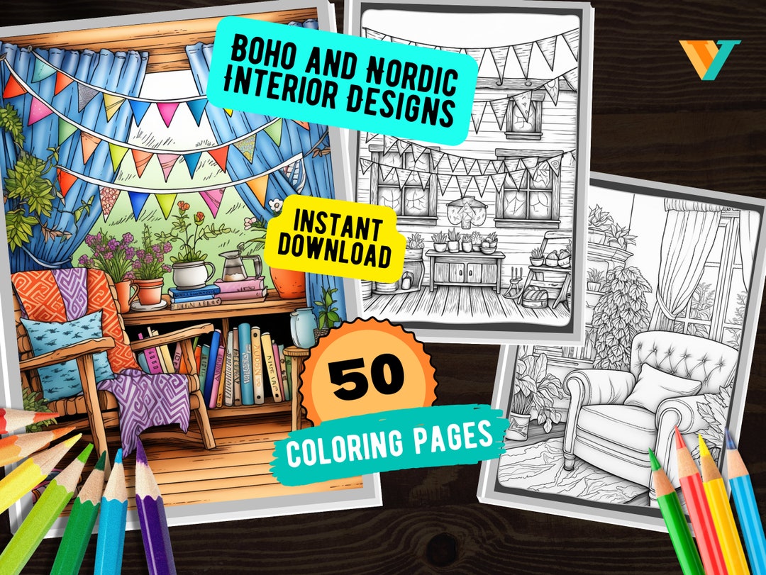 Comfort Interior Decor Coloring Pages, 50 Printable PDF Download, Boho ...