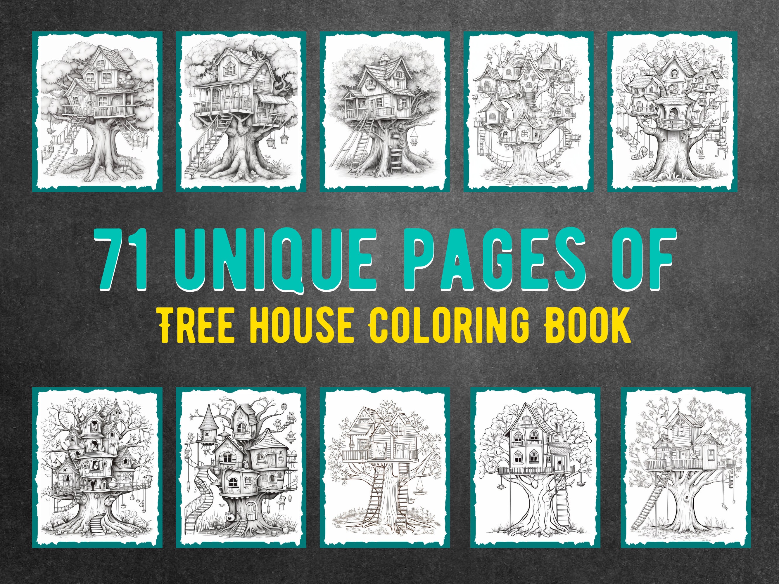 71-page Enchanted Treehouse Coloring Book for Adults and Kids, Magical ...