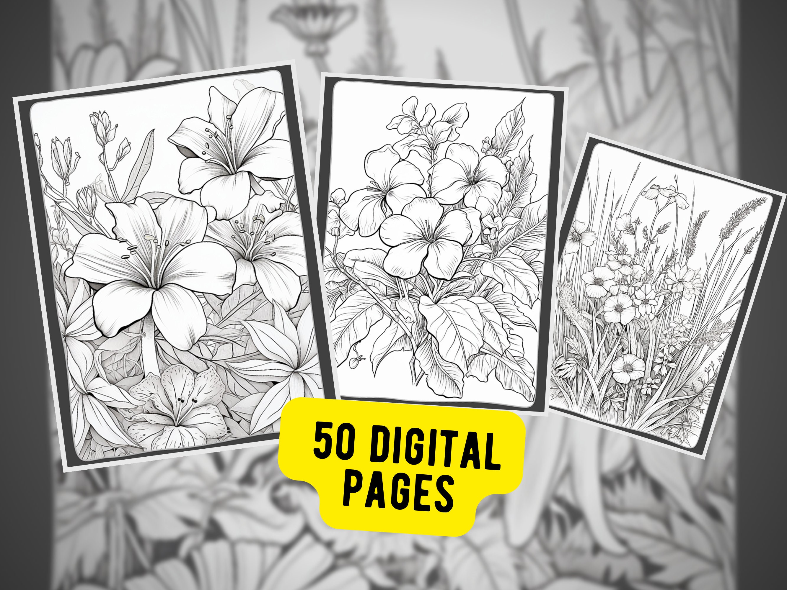 50 Wildflowers Coloring Pages Printable PDF, Nature Coloring Book ...