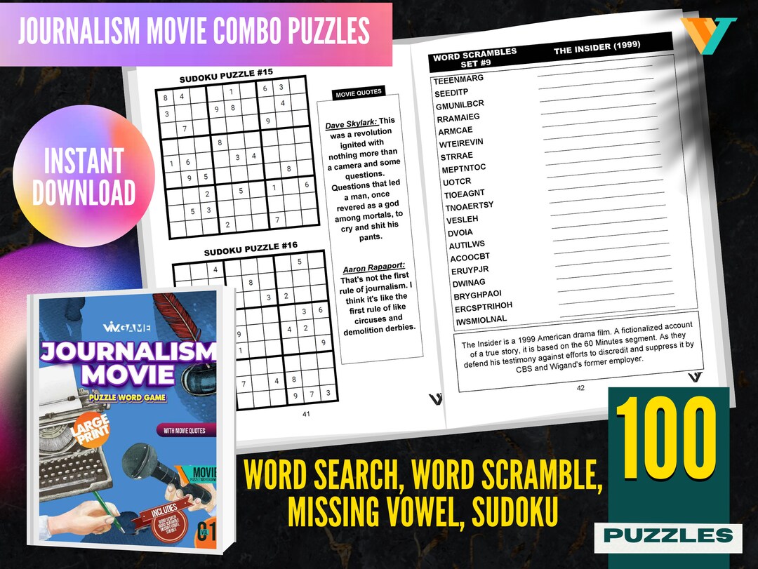100 Journalism Movie Puzzle Vol. 1, Word Search, Word Scramble, Missing ...