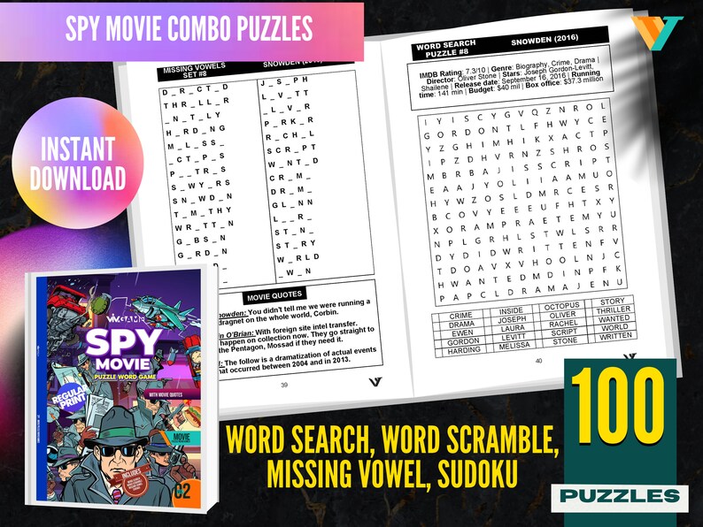 100 Spy Movie Puzzle Vol. 2, Word Search, Word Scramble, Missing Vowel ...