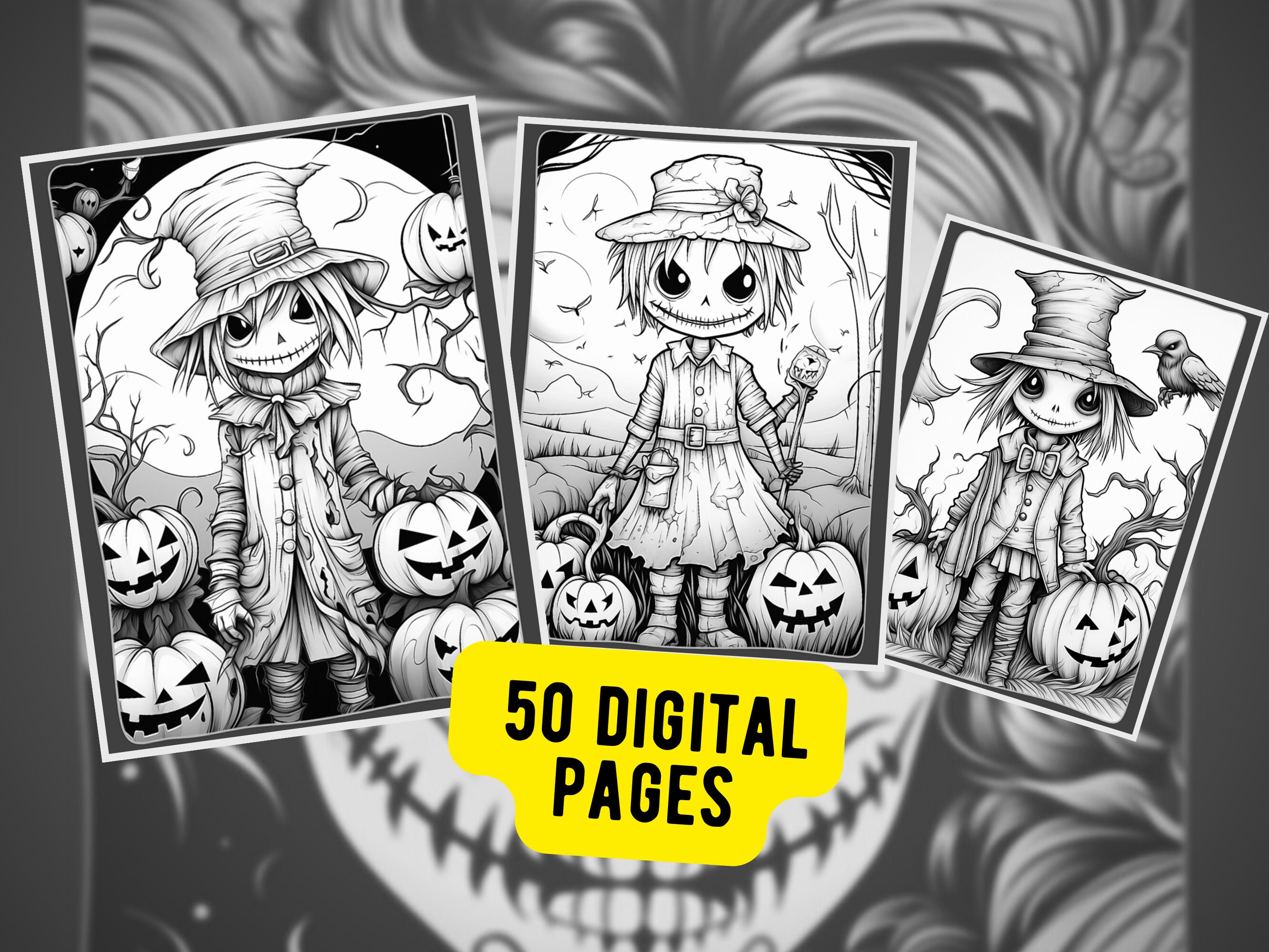 50 Vintage Halloween Grayscale Coloring Pages, Instant Digital Download ...