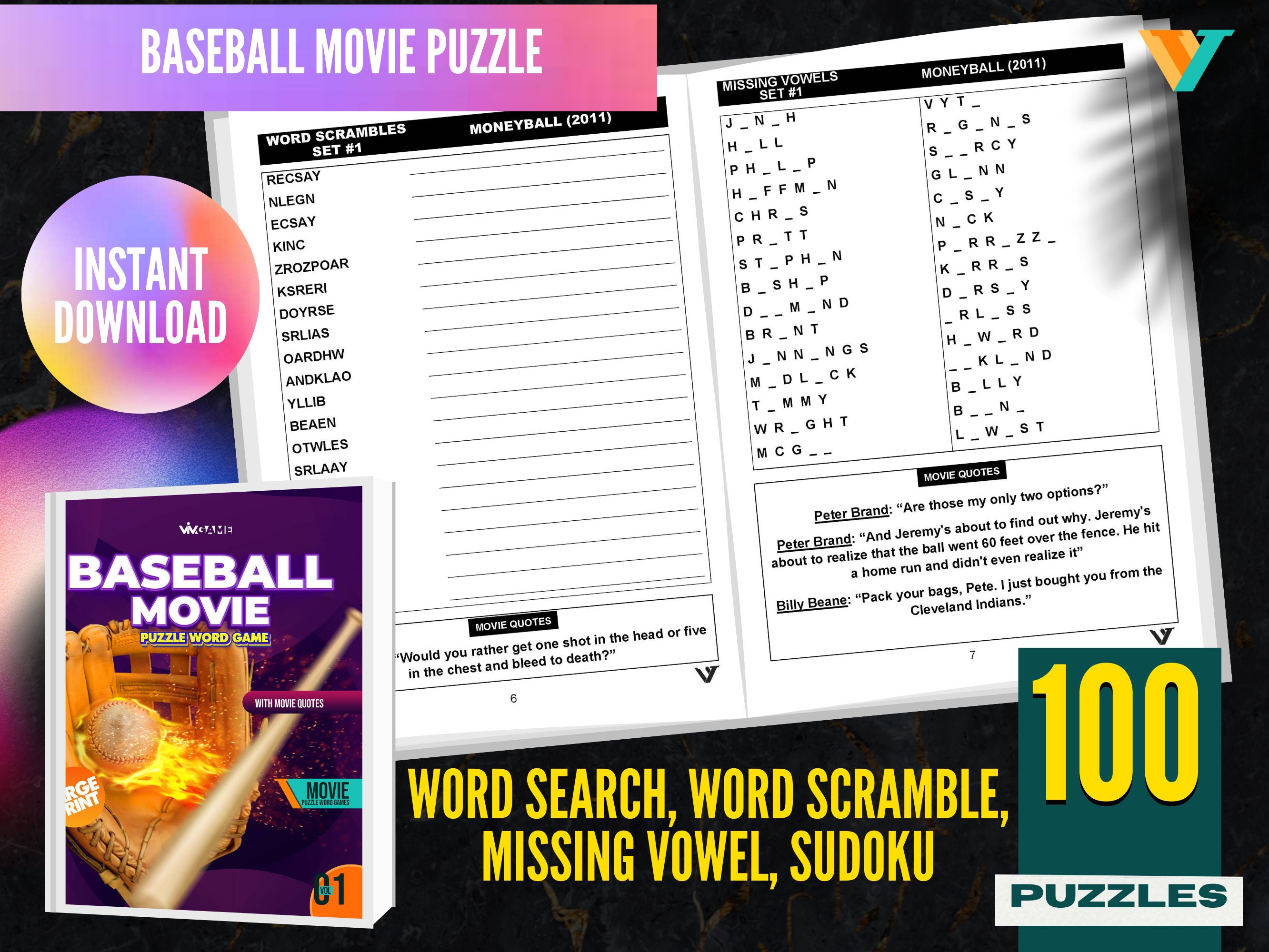 100 Baseball Movie Puzzle Printable PDF, Instant Download Word Search ...