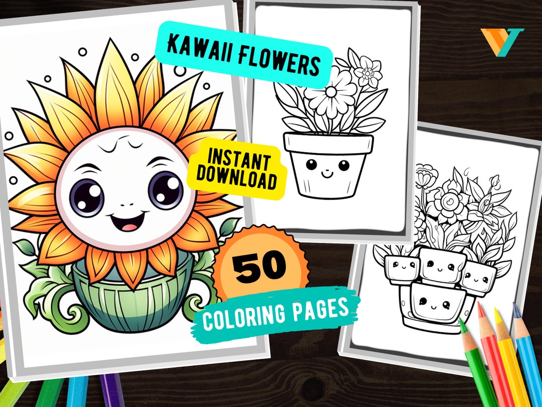 50 Kawaii Flowers Coloring Pages Printable PDF, Coloring Gift for Adult ...