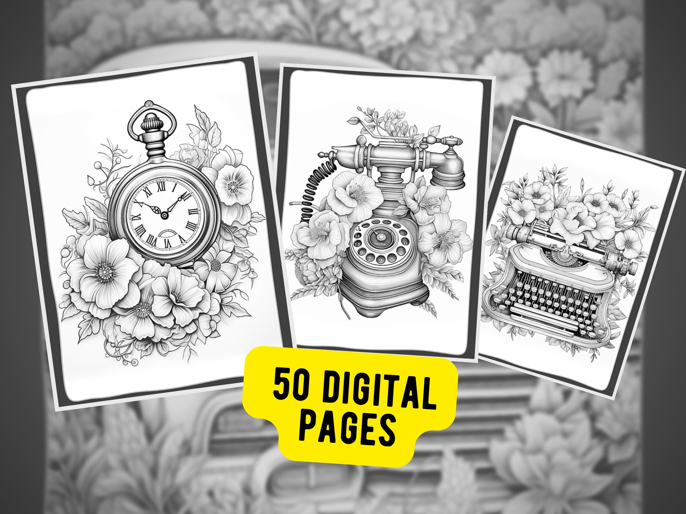 50 Vintage Objects With Flowers Coloring Pages Printable PDF Instant ...