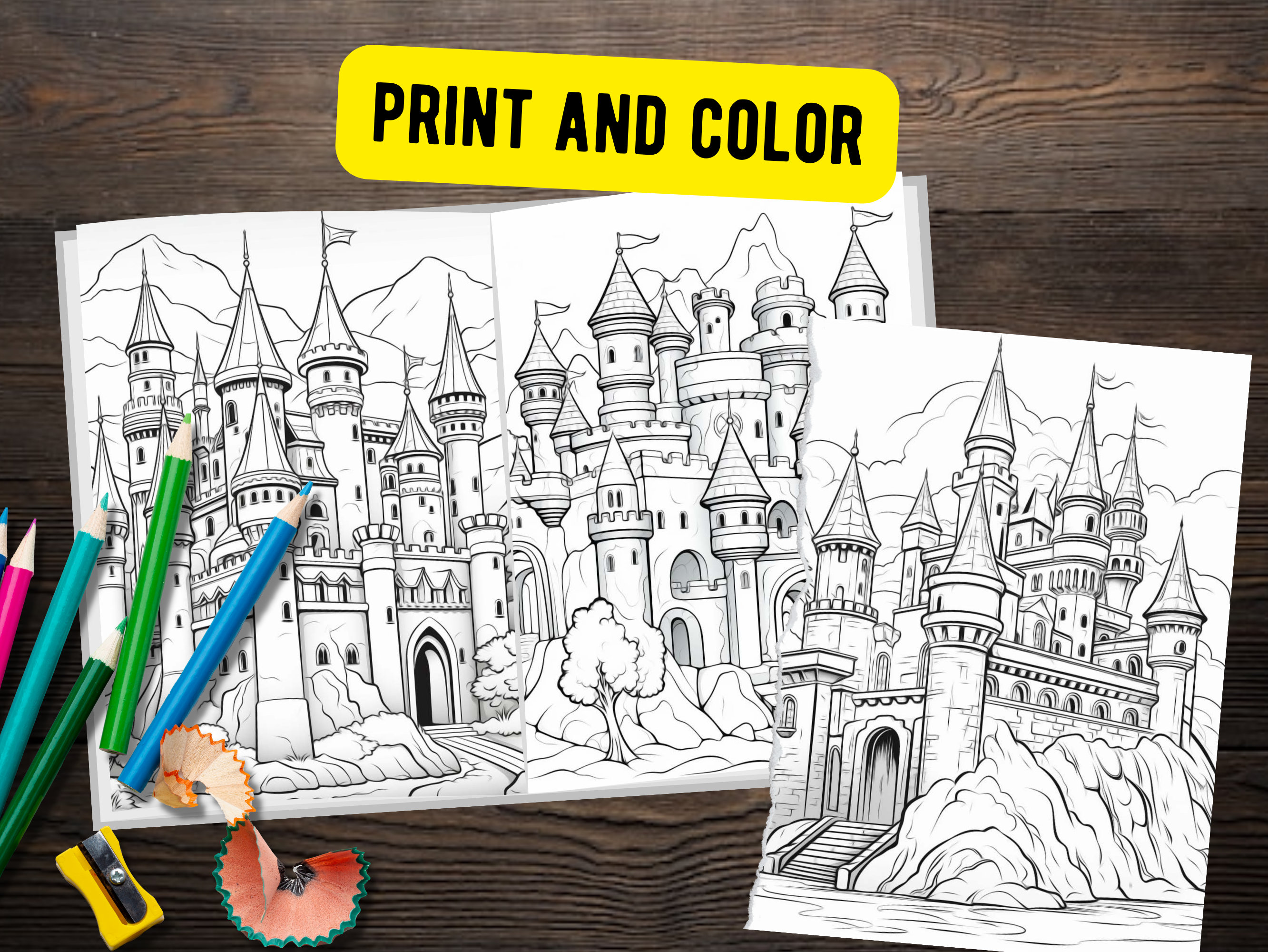 71 Medieval Castles Coloring Page Book, INSTANT DOWNLOAD, Grayscale ...