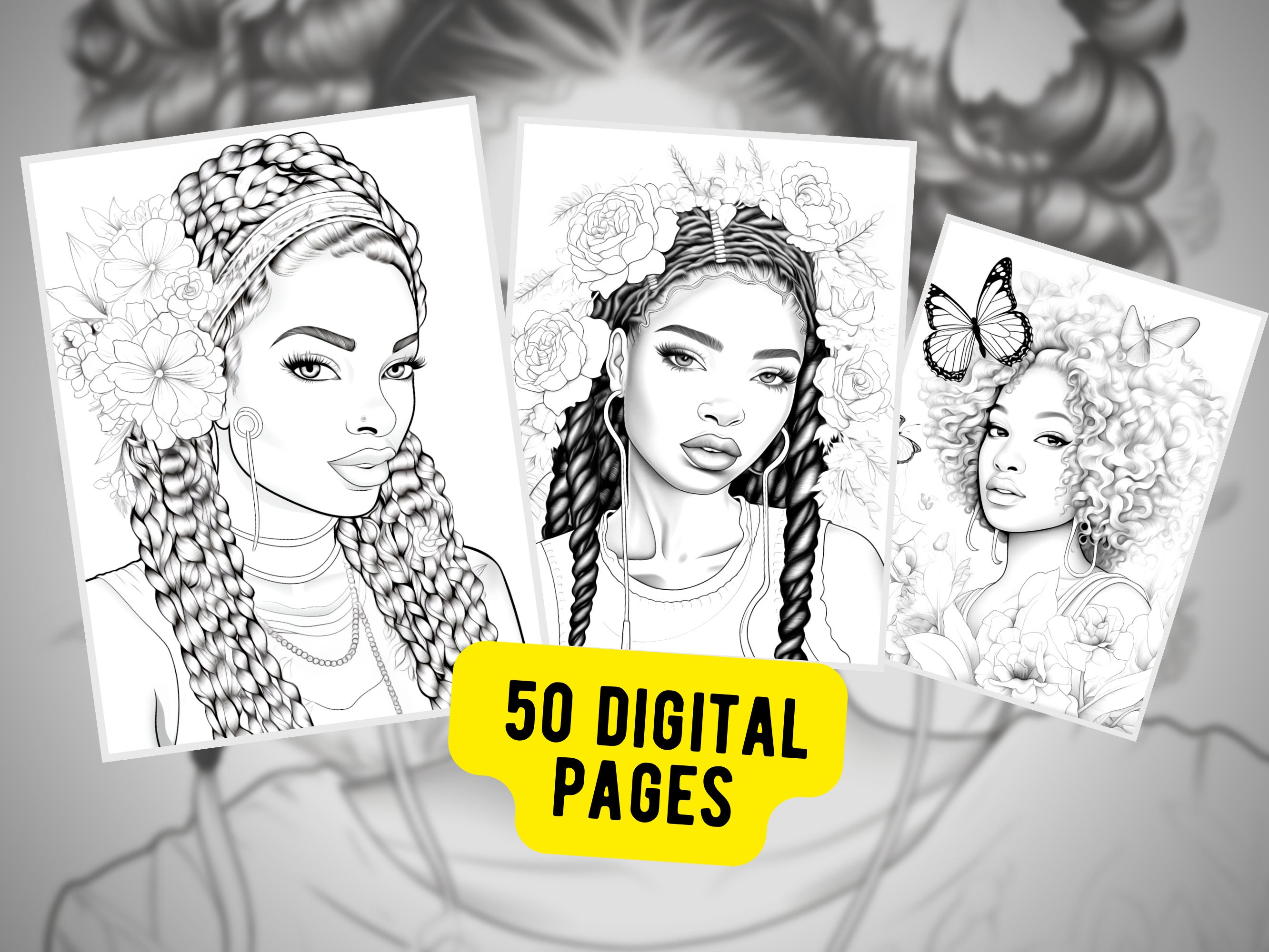 50 Beautiful Black Women Coloring Pages for Adults, Instant Digital ...