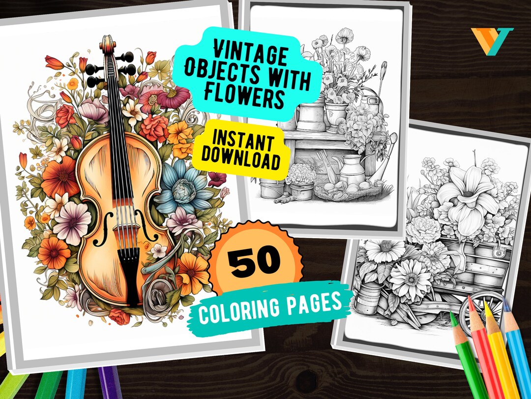 50 Vintage Objects With Flowers Coloring Pages Printable PDF Instant ...