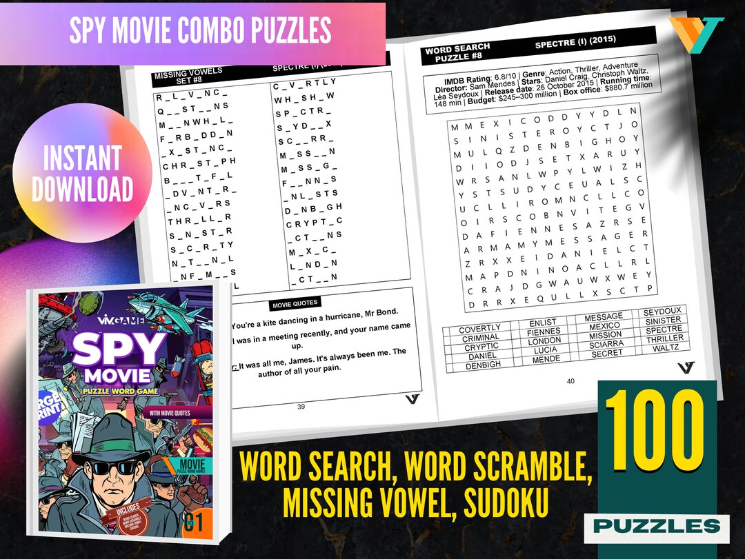 100 Spy Movie Puzzle Vol. 1 Printable PDF, Word Search, Word Scramble ...