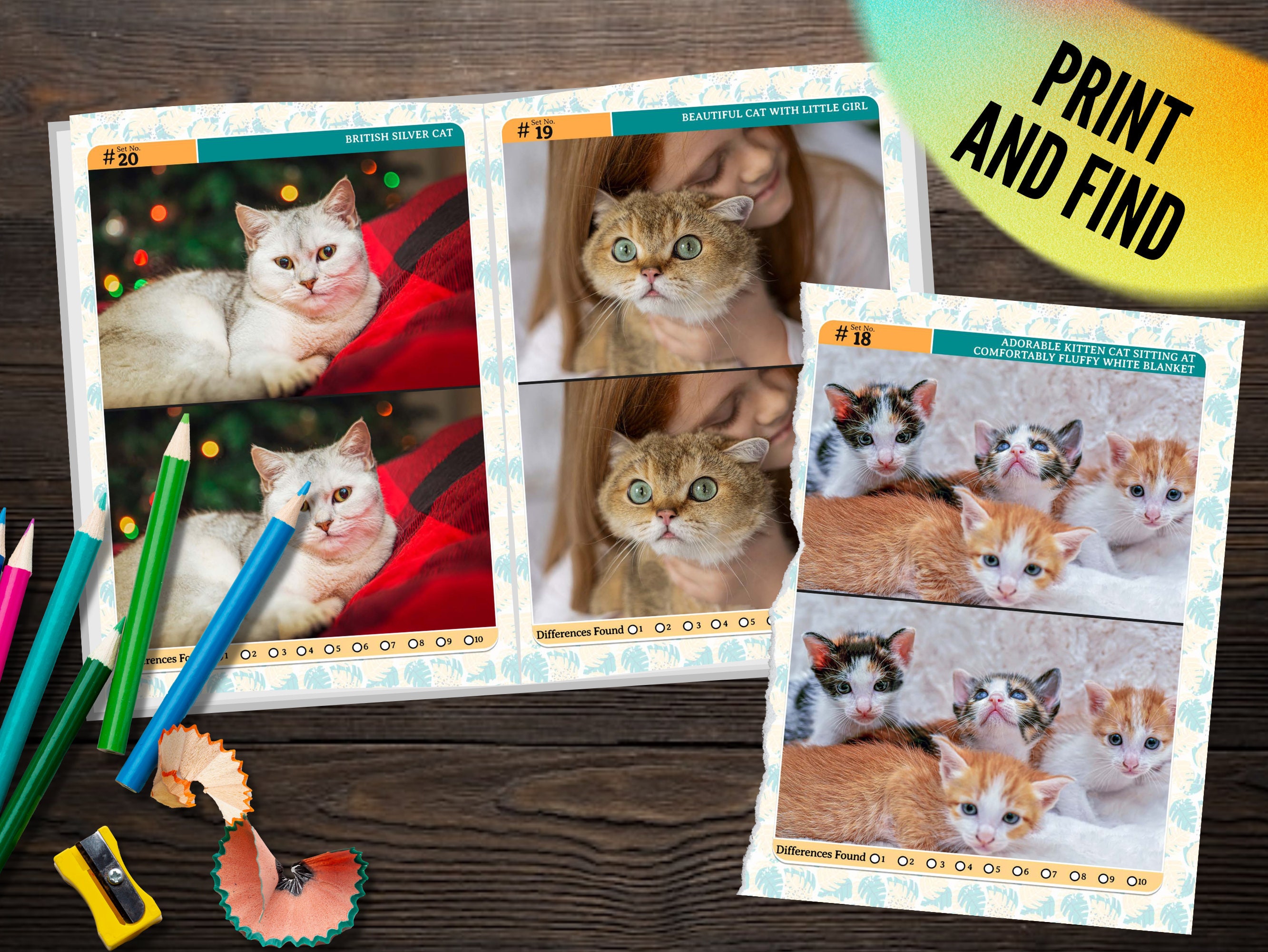 Cat Find the Difference Printable Activities PDF File, Spot the ...