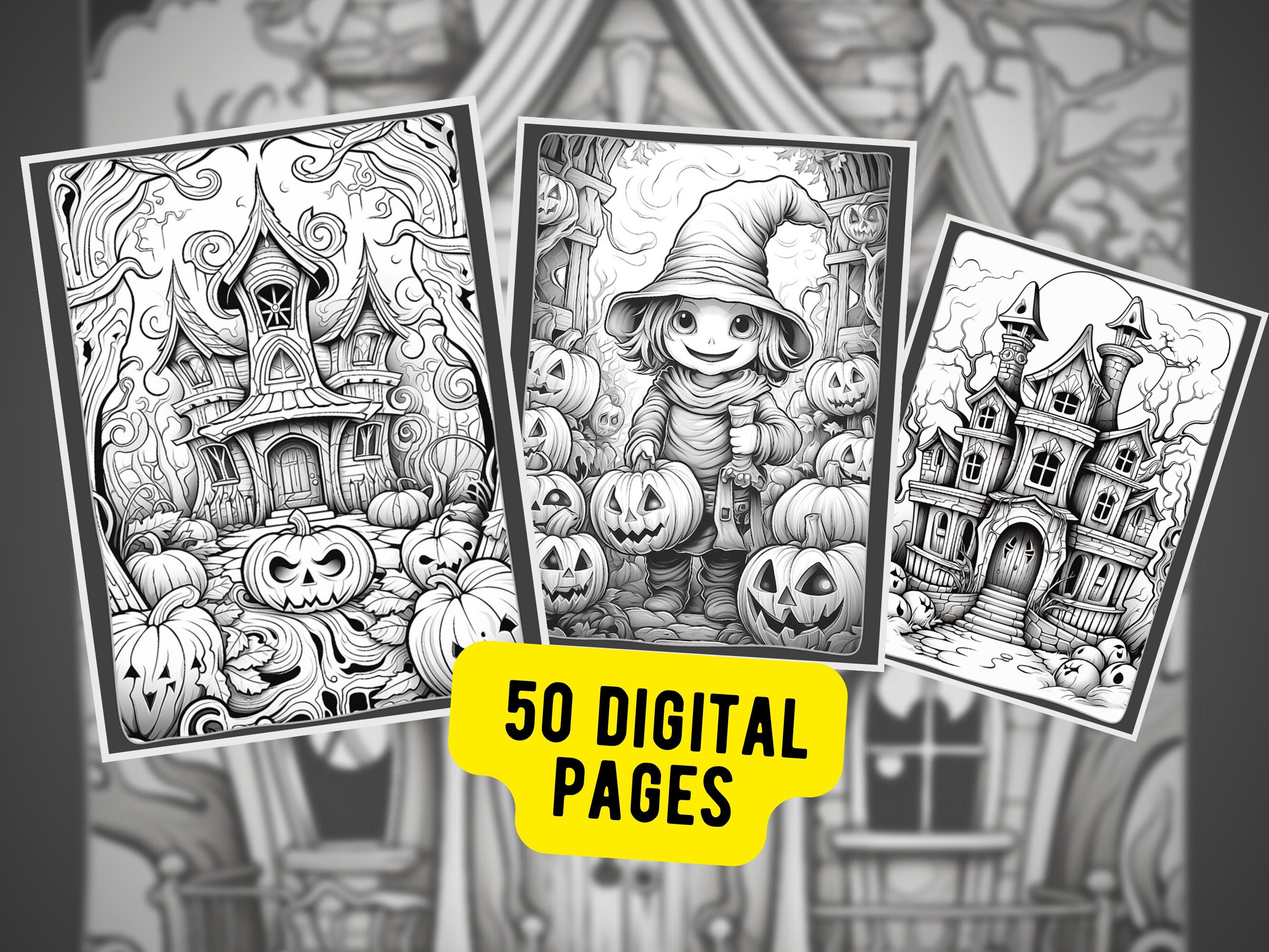 50 Vintage Halloween Grayscale Coloring Pages Vol. 2 Instant Digital ...