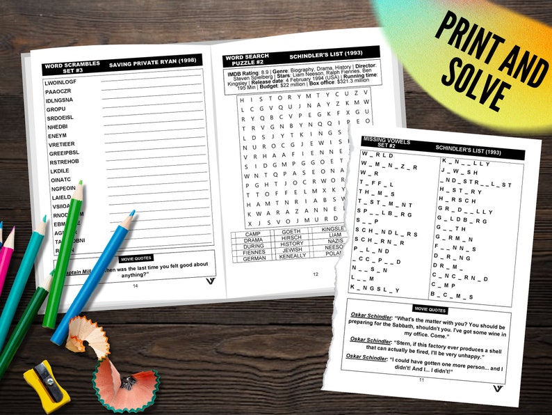 100 War Movie Puzzles Vol. 1, Word Search, Word Scramble, Missing Vowel ...