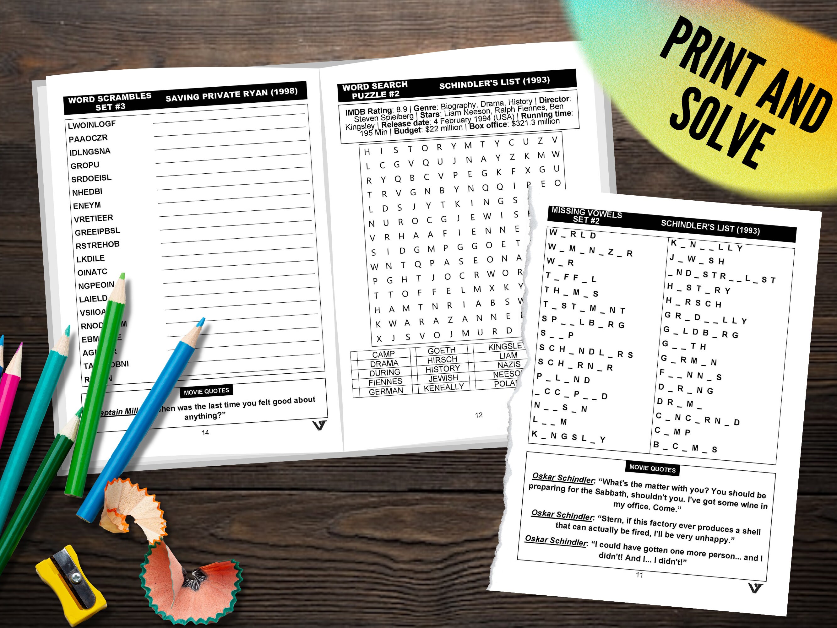 100 War Movie Puzzles Vol. 1, Word Search, Word Scramble, Missing Vowel ...