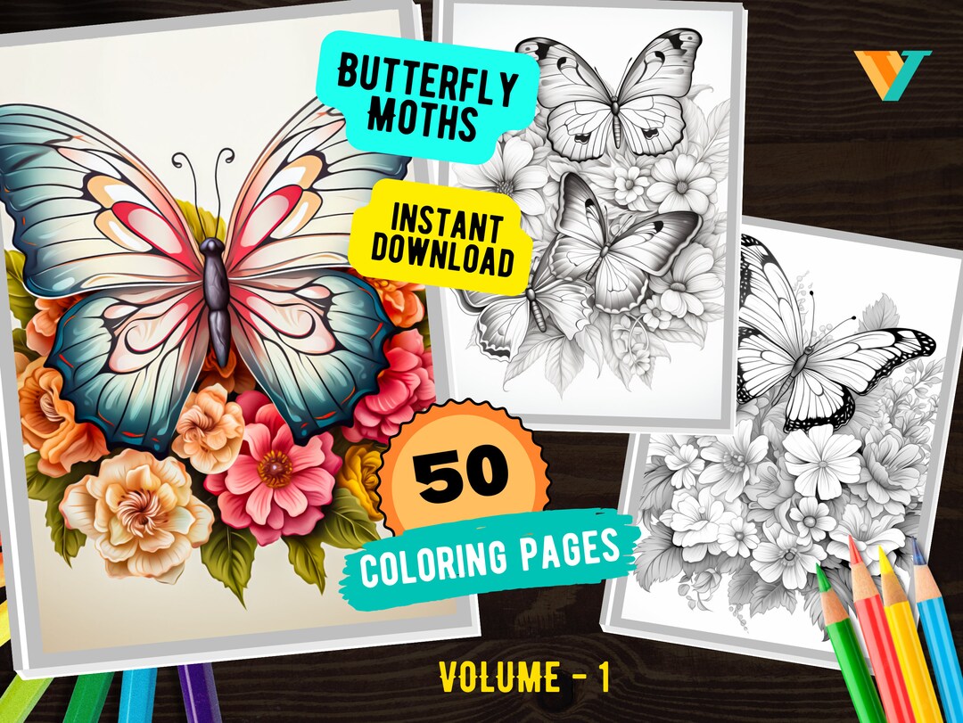 50 Butterfly Moths Floral Coloring Pages Vol. 01, Instant Download ...