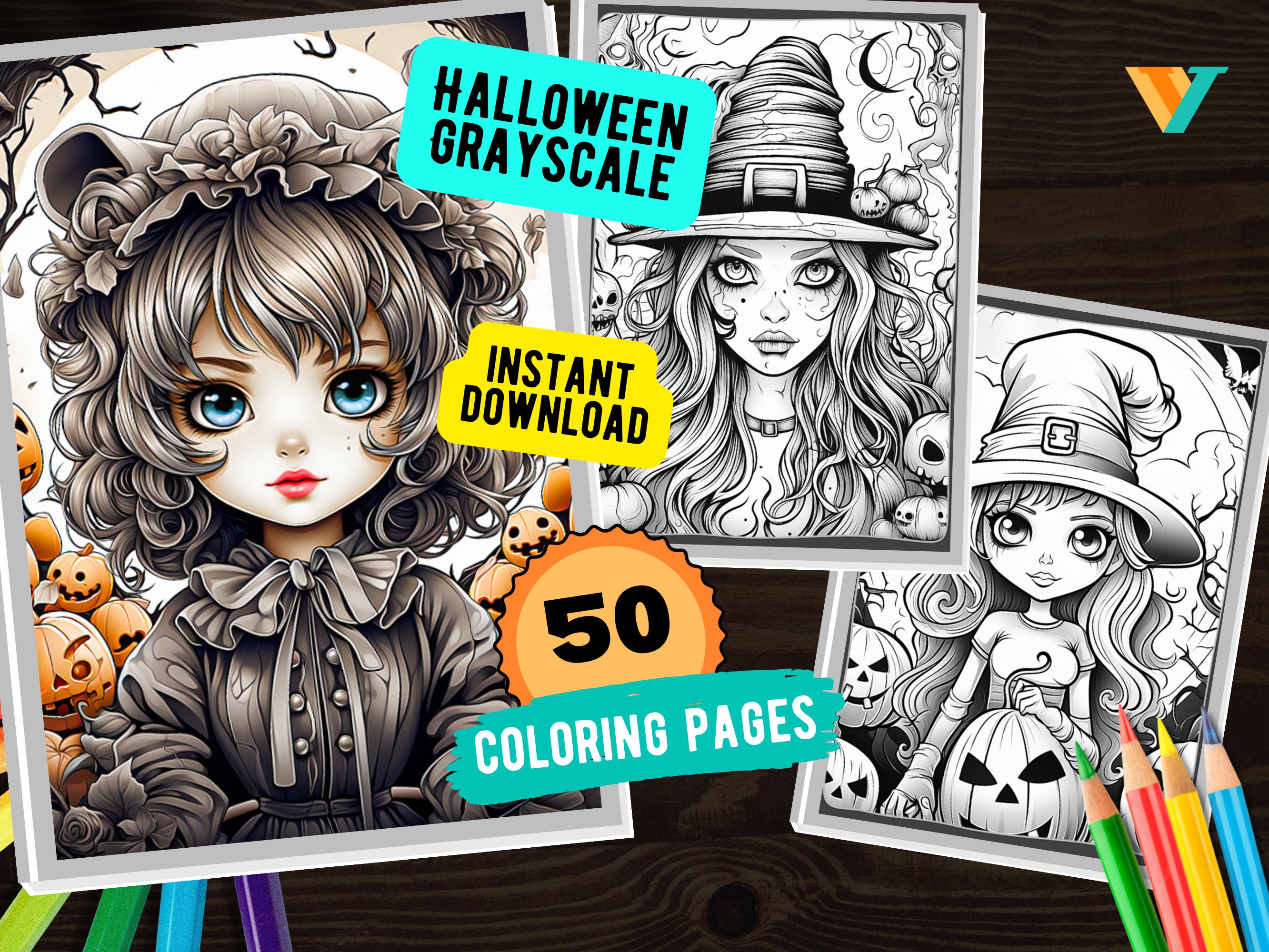 50 Vintage Halloween Grayscale Coloring Pages, Instant Digital Download ...