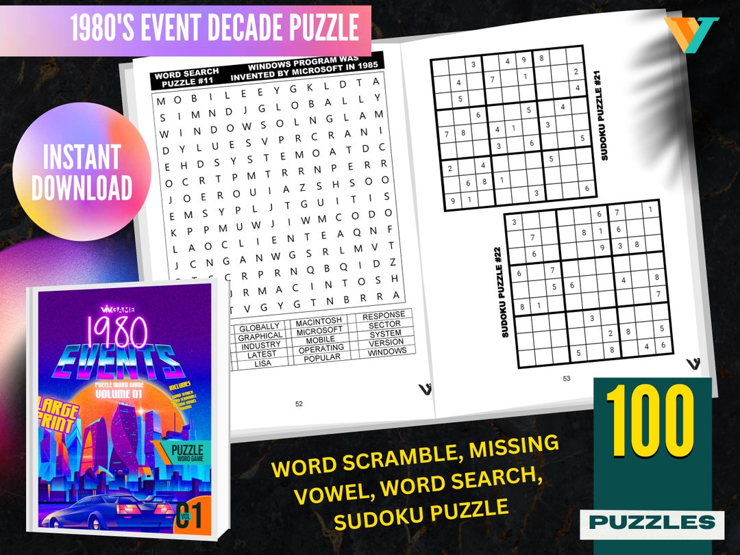 1980's Event Related Puzzle Word Game V1 100 Pages Printable PDF ...