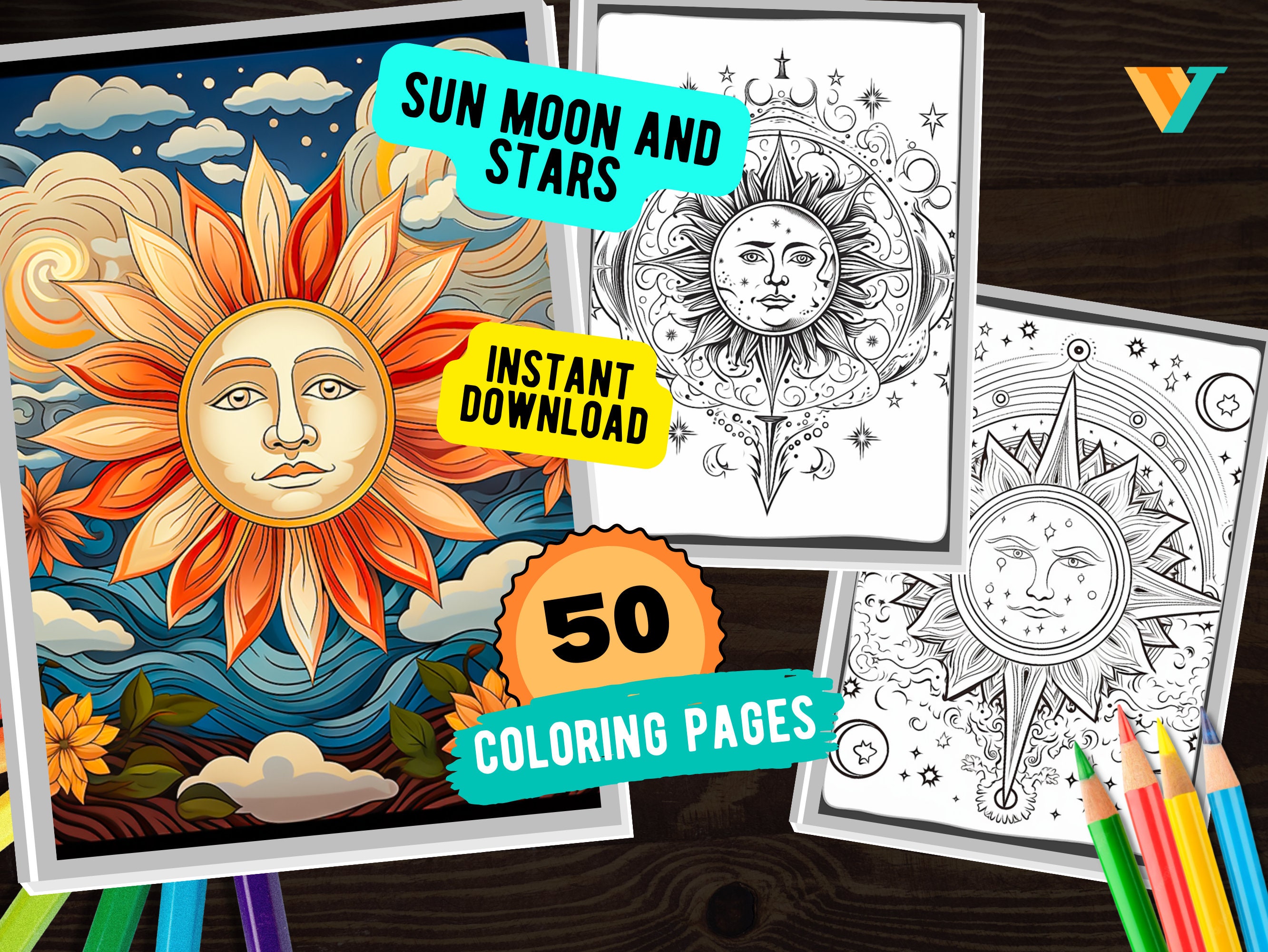 Sun Moon Stars Coloring 50 Pages, Instant Digital Download Printable ...