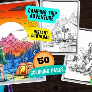 50 Camping Trip Adventure Coloring Pages Printable PDF, Hiking Coloring ...