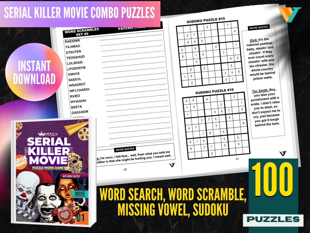100 Serial Killer Movie Puzzle Vol. 1, Word Search, Word Scramble ...