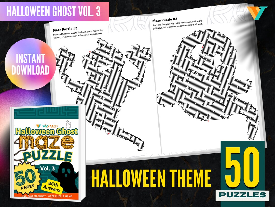 50 Halloween Ghost Maze Puzzle Pages Vol. 3 With Answers, Halloween ...