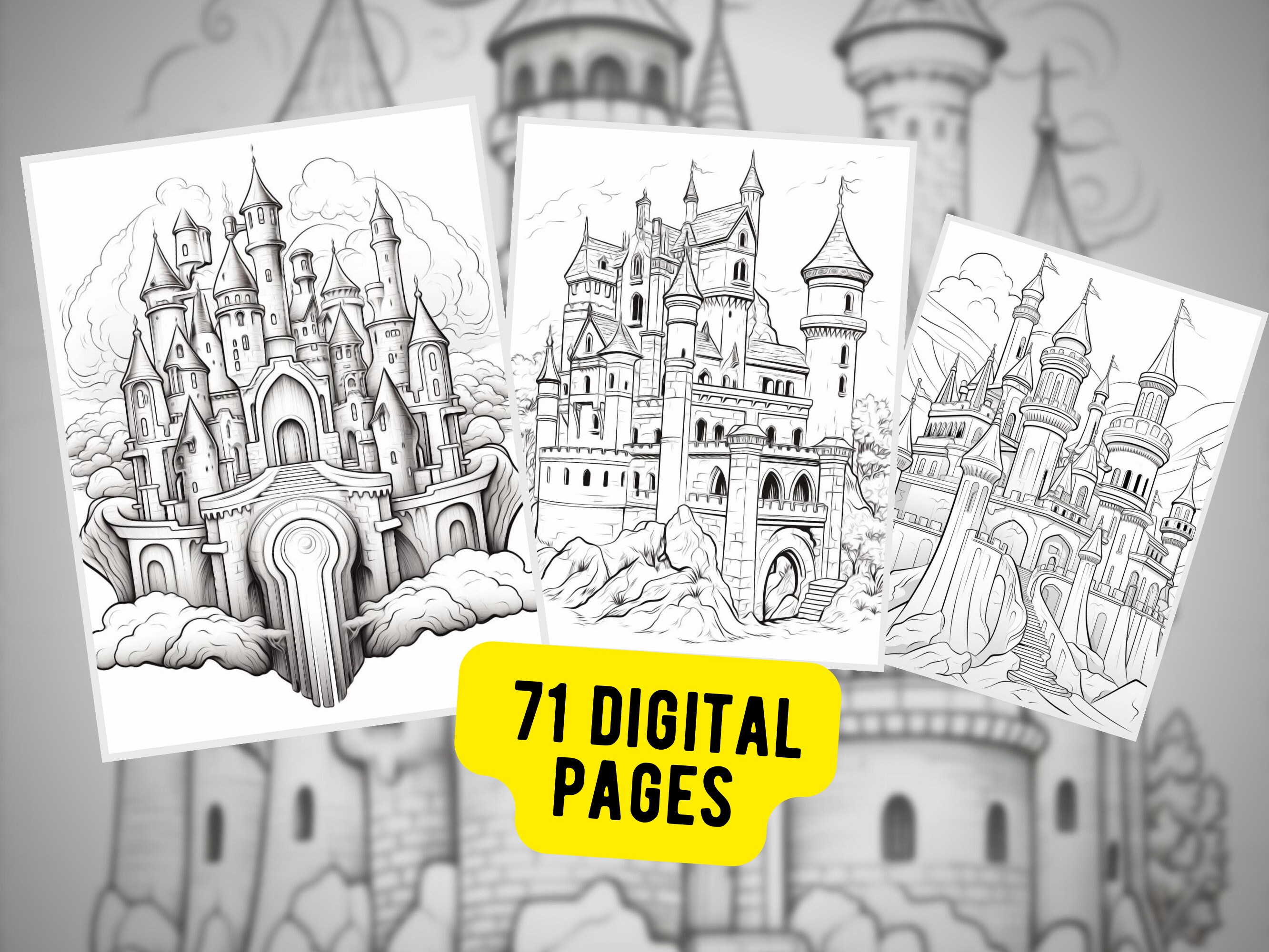 71 Medieval Castles Coloring Page Book, INSTANT DOWNLOAD, Grayscale ...