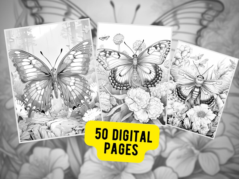 50 Butterfly Moths Floral Coloring Pages Vol. 01, Instant Download ...