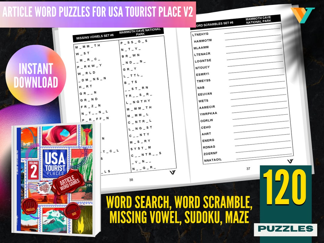 120 USA Tourist Place V2 Word Puzzle Game Instant Download, Word Search ...