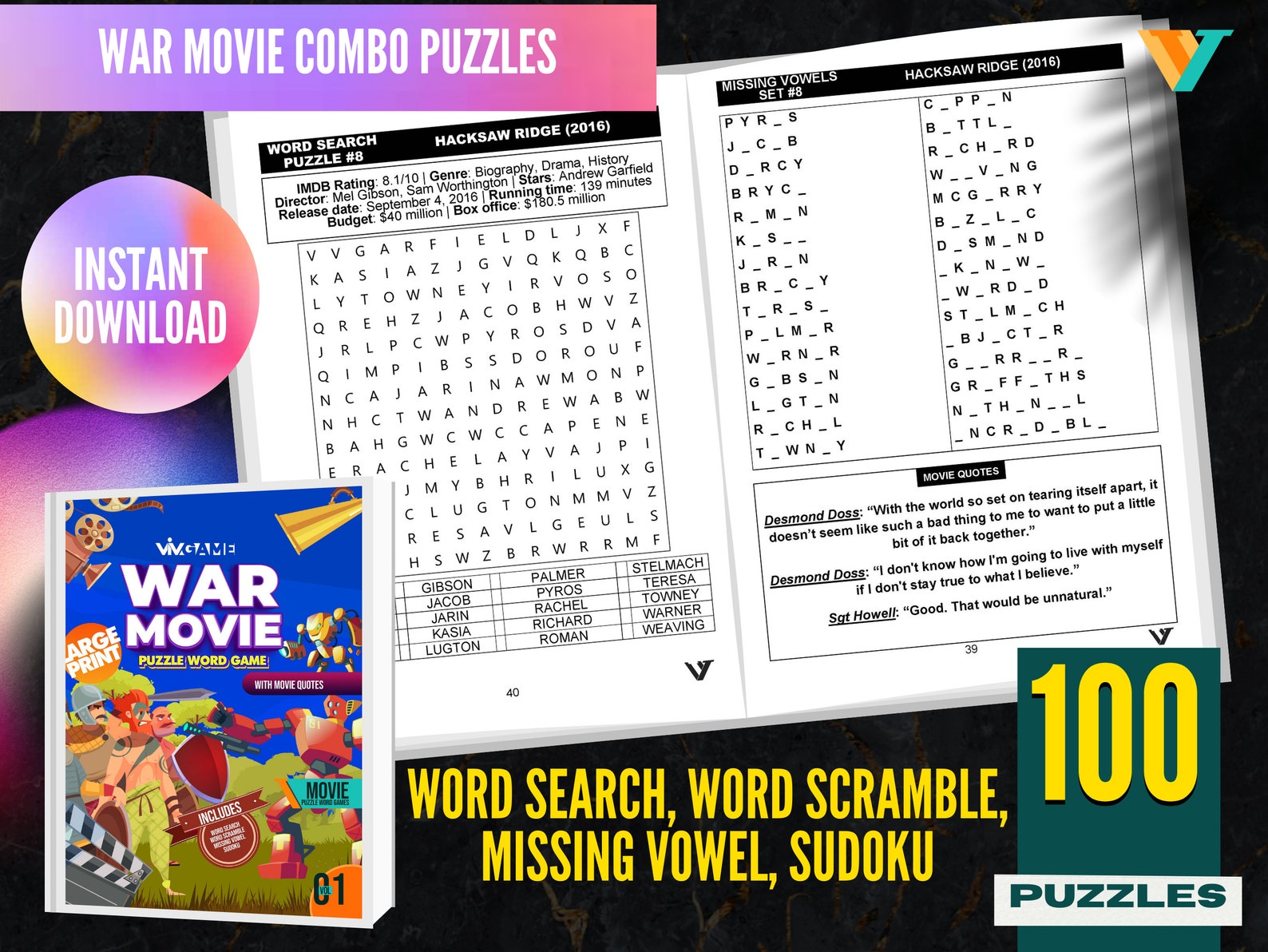 100 War Movie Puzzles Vol. 1, Word Search, Word Scramble, Missing Vowel ...