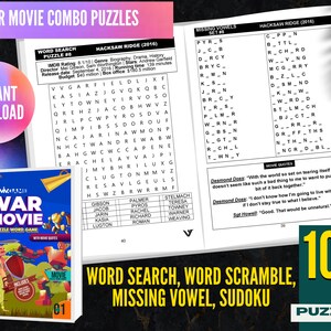 100 War Movie Puzzles Vol. 1, Word Search, Word Scramble, Missing Vowel ...
