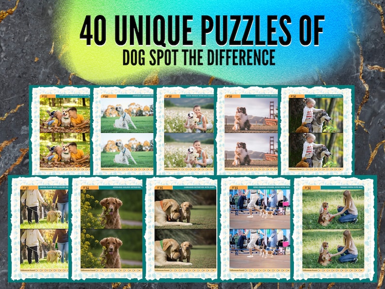 40 Cute Dog Spot the Difference Puzzle Printable PDF File, Doggy Lover ...