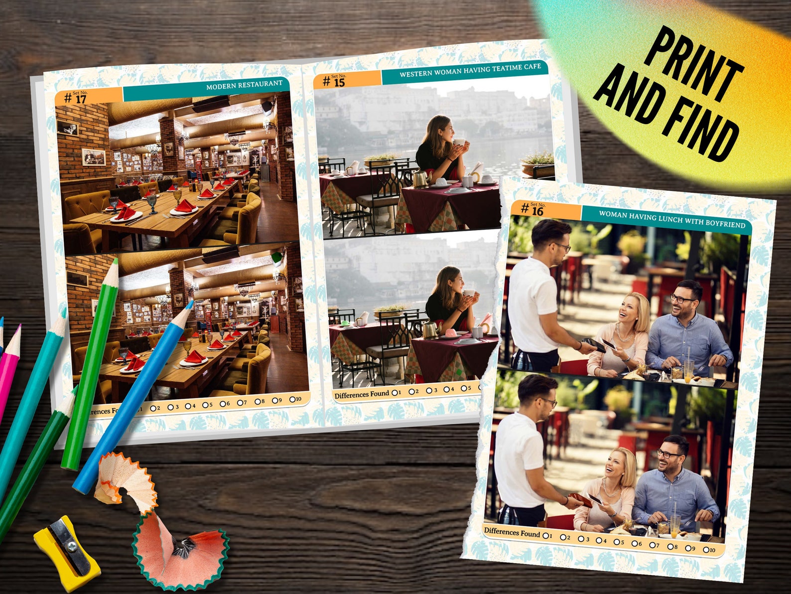 Restaurant Spot the Difference Printable PDF Pages, Cafe Diner Find ...