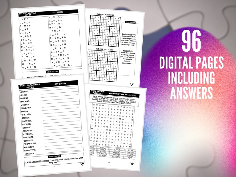 100 War Movie Puzzles Vol. 1, Word Search, Word Scramble, Missing Vowel ...