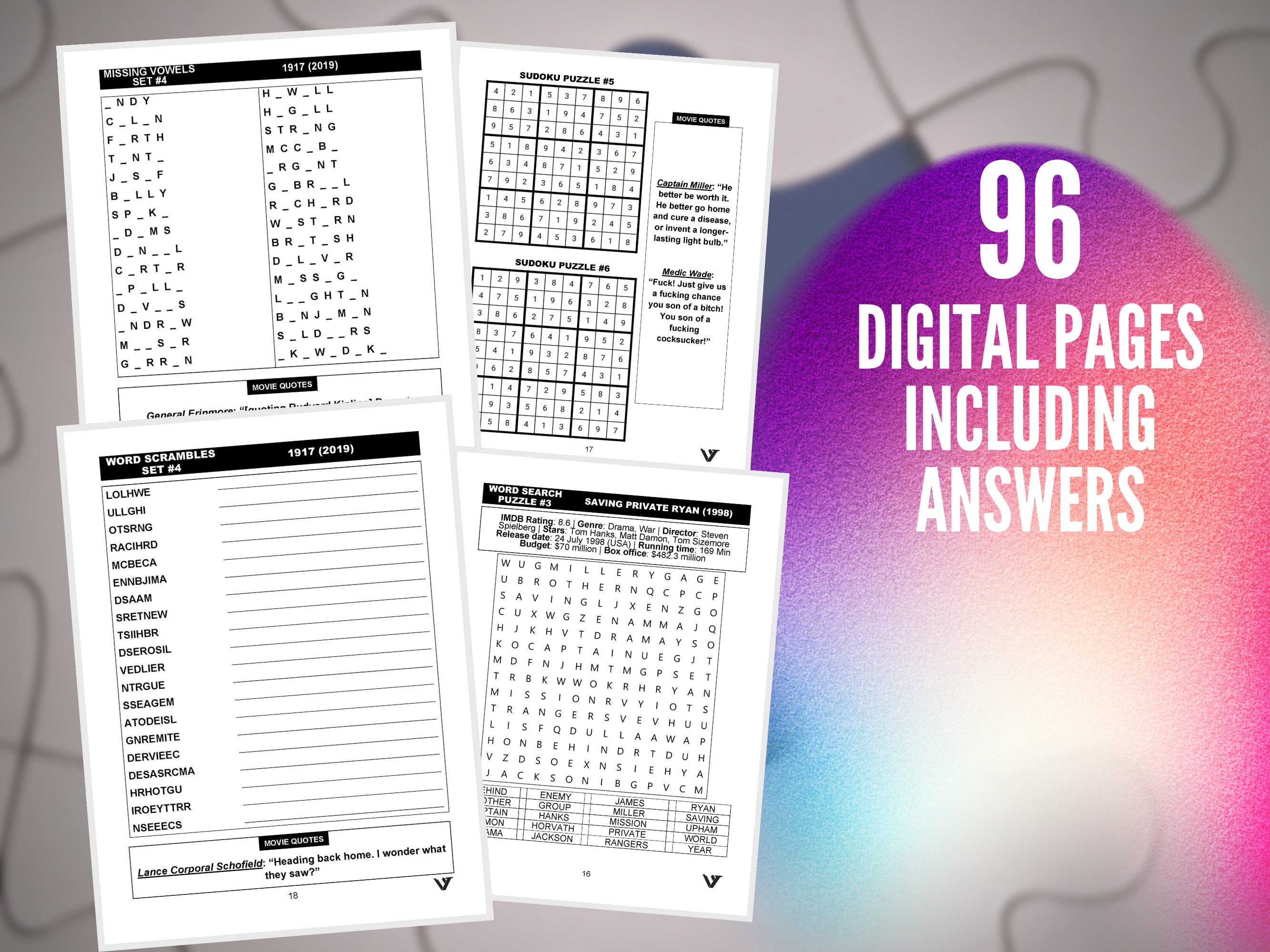 100 War Movie Puzzles Vol. 1, Word Search, Word Scramble, Missing Vowel ...