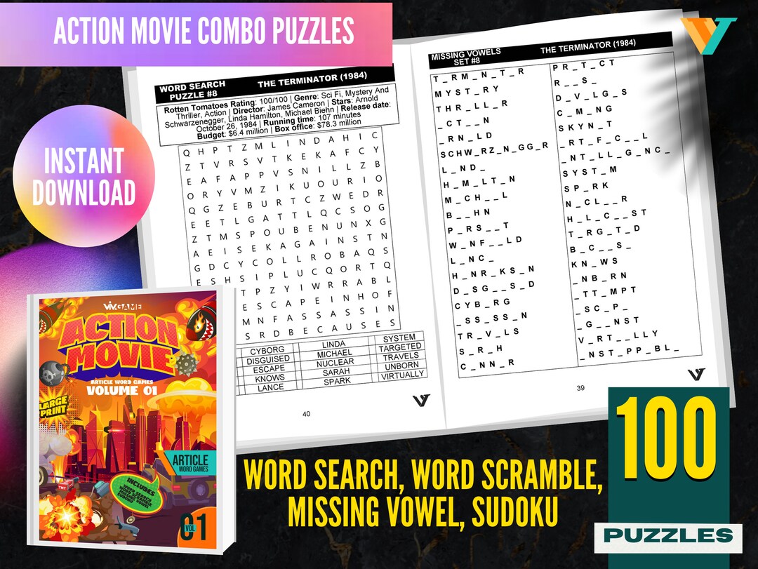 100 Action Movie Puzzle Vol. 1, Word Search, Word Scramble, Missing ...