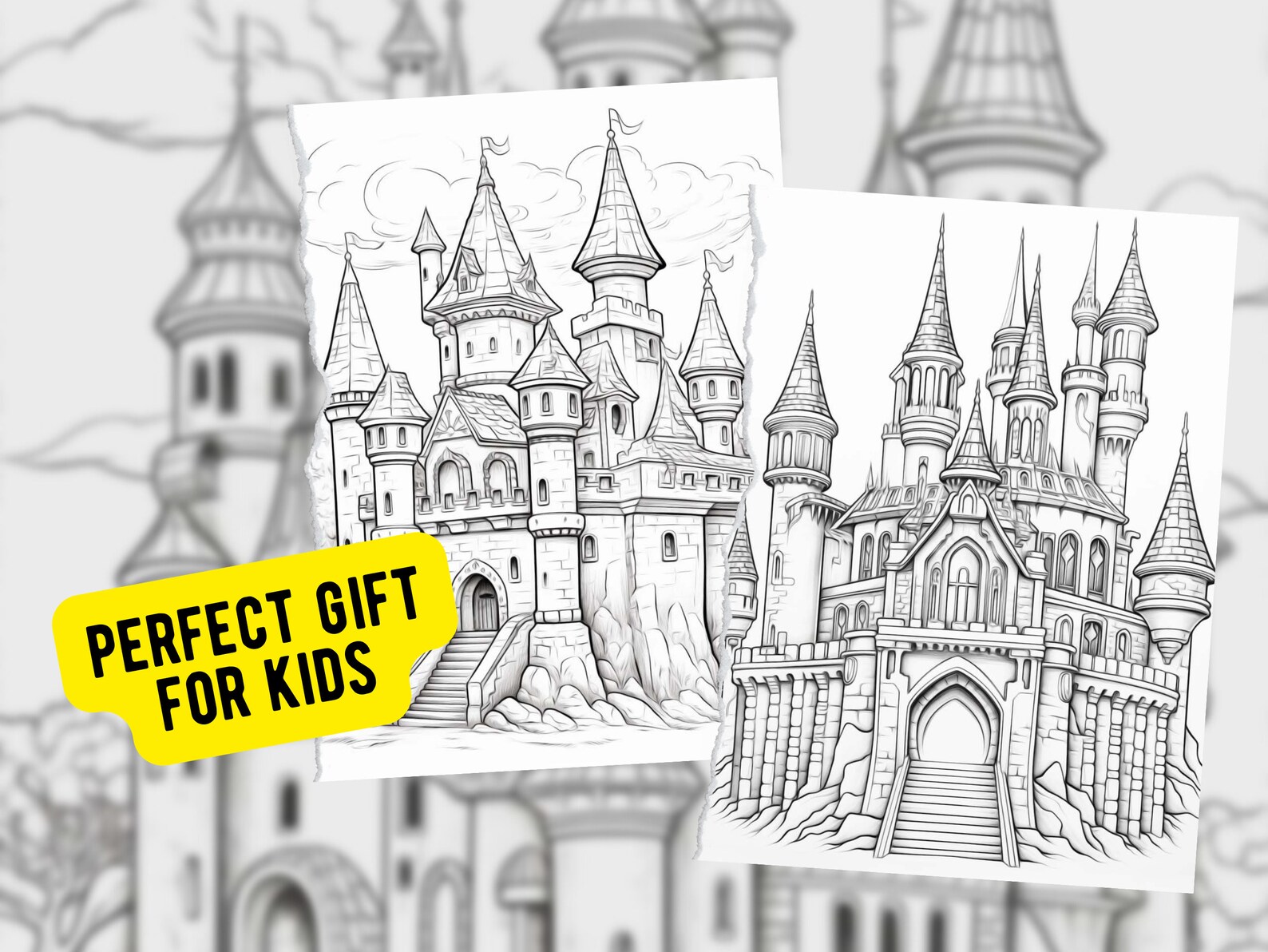 71 Medieval Castles Coloring Page Book, INSTANT DOWNLOAD, Grayscale ...