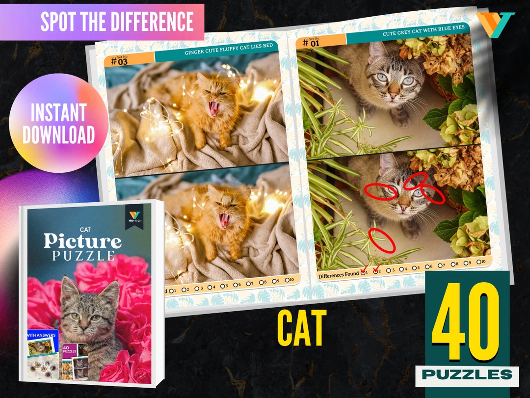 Cat Find the Difference Printable Activities PDF File, Spot the ...