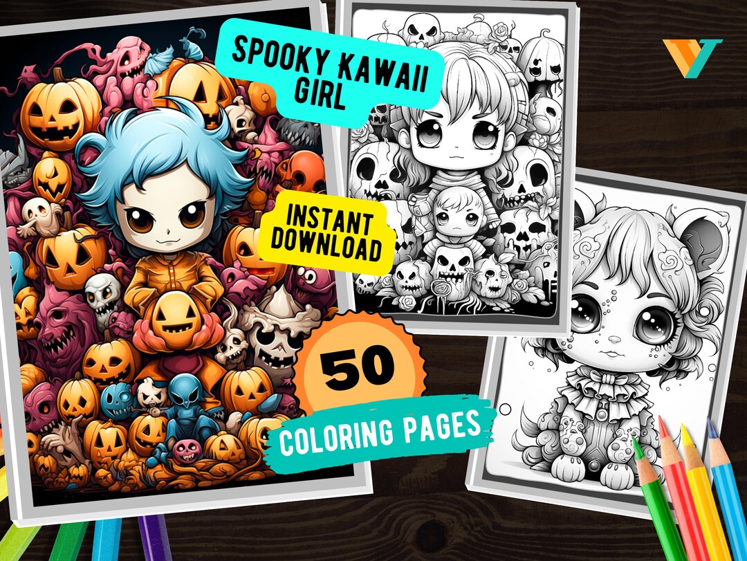 50 Spooky Kawaii Girl Coloring Pages Instant Digital Download Printable ...